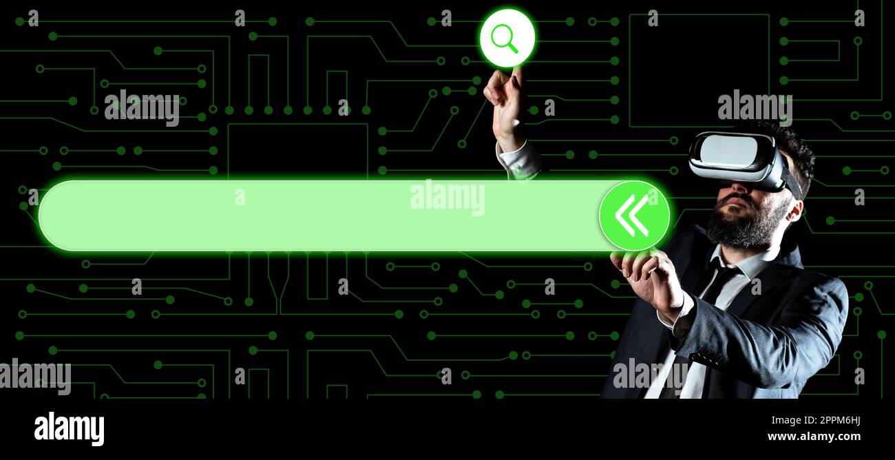 Businessman in black office suit standing wearing VR glasses and ...