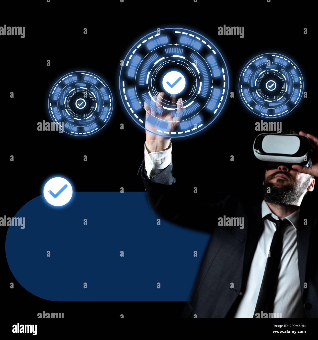 Businessman Wearing Vr Glasses And Pointing On Important Messages With ...