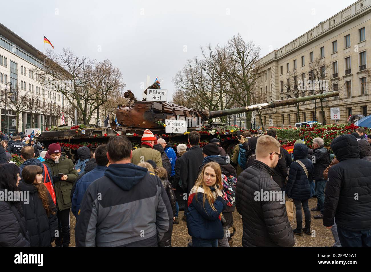 BERLIN - FEBRUARY 25, 2023: Destroyed Russian T-72 tank in front of the ...