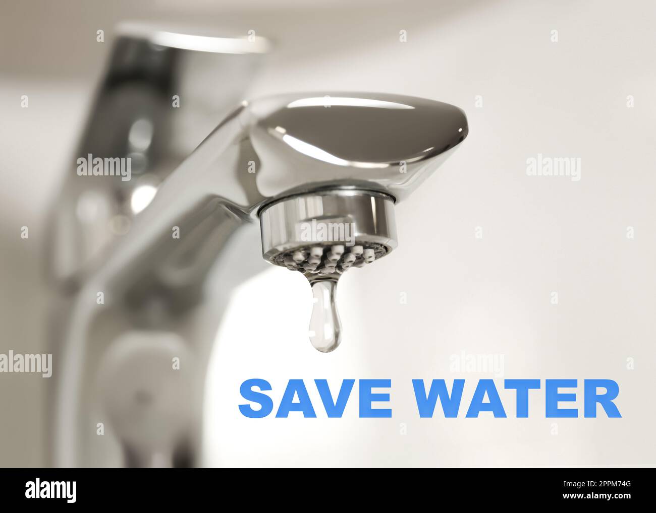 Save water concept. Drop falling down from tap on light background ...