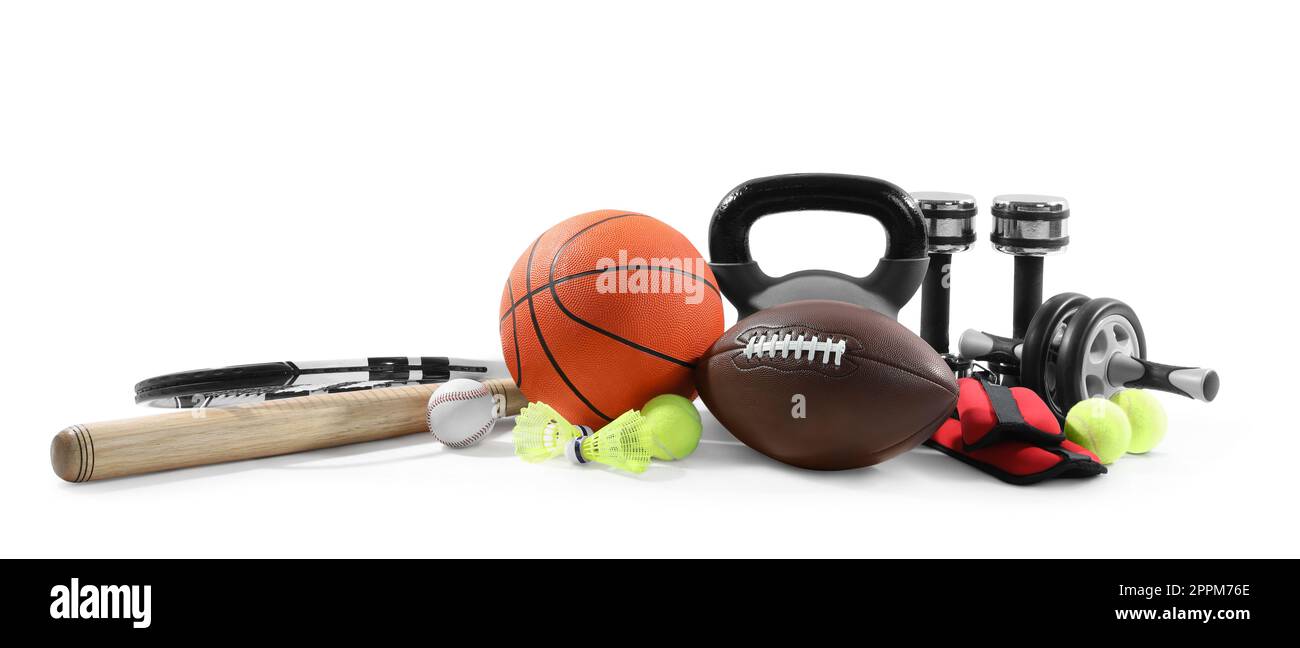 Set of different sports equipment on white background Stock Photo - Alamy