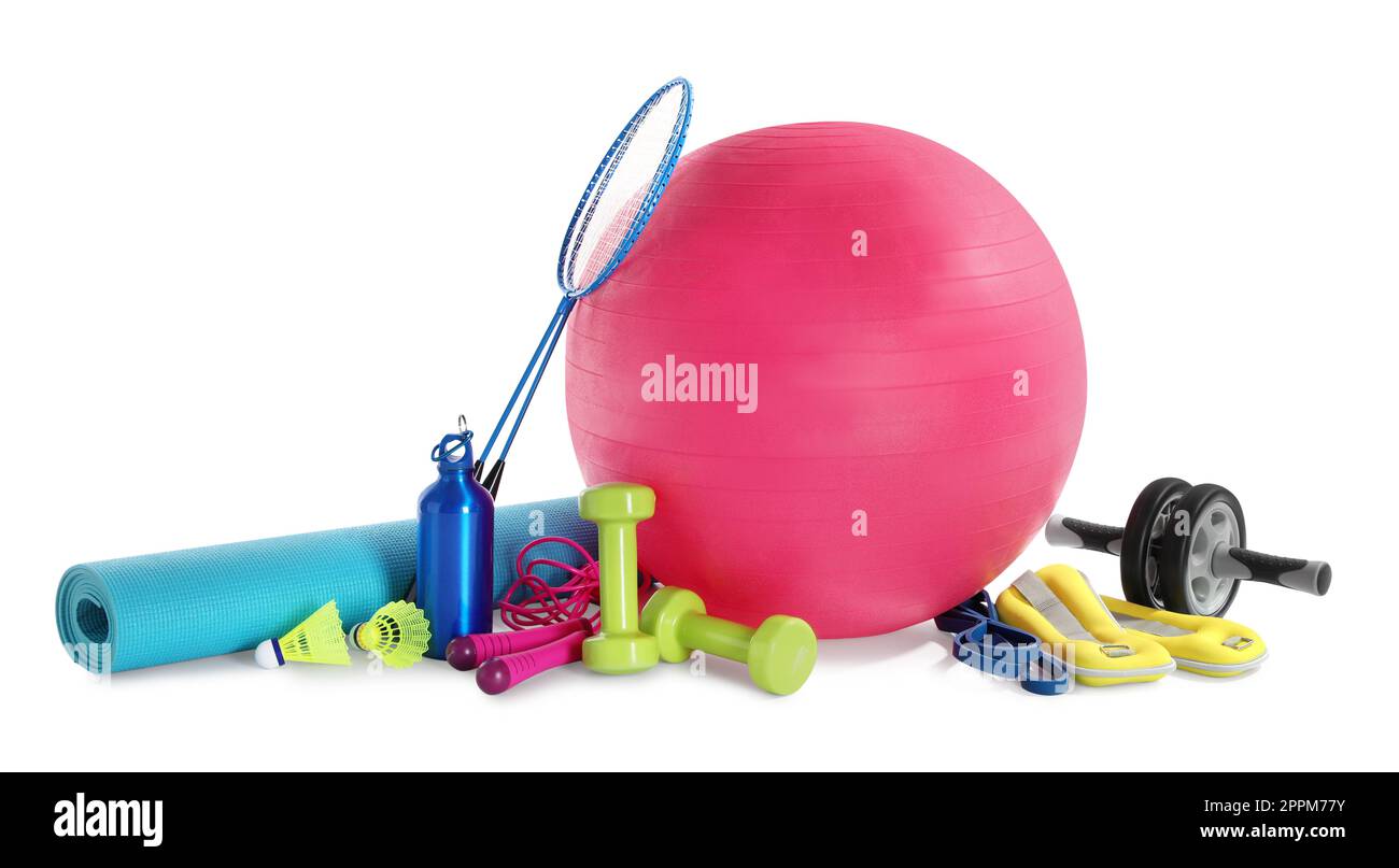Set of different sports equipment on white background Stock Photo - Alamy