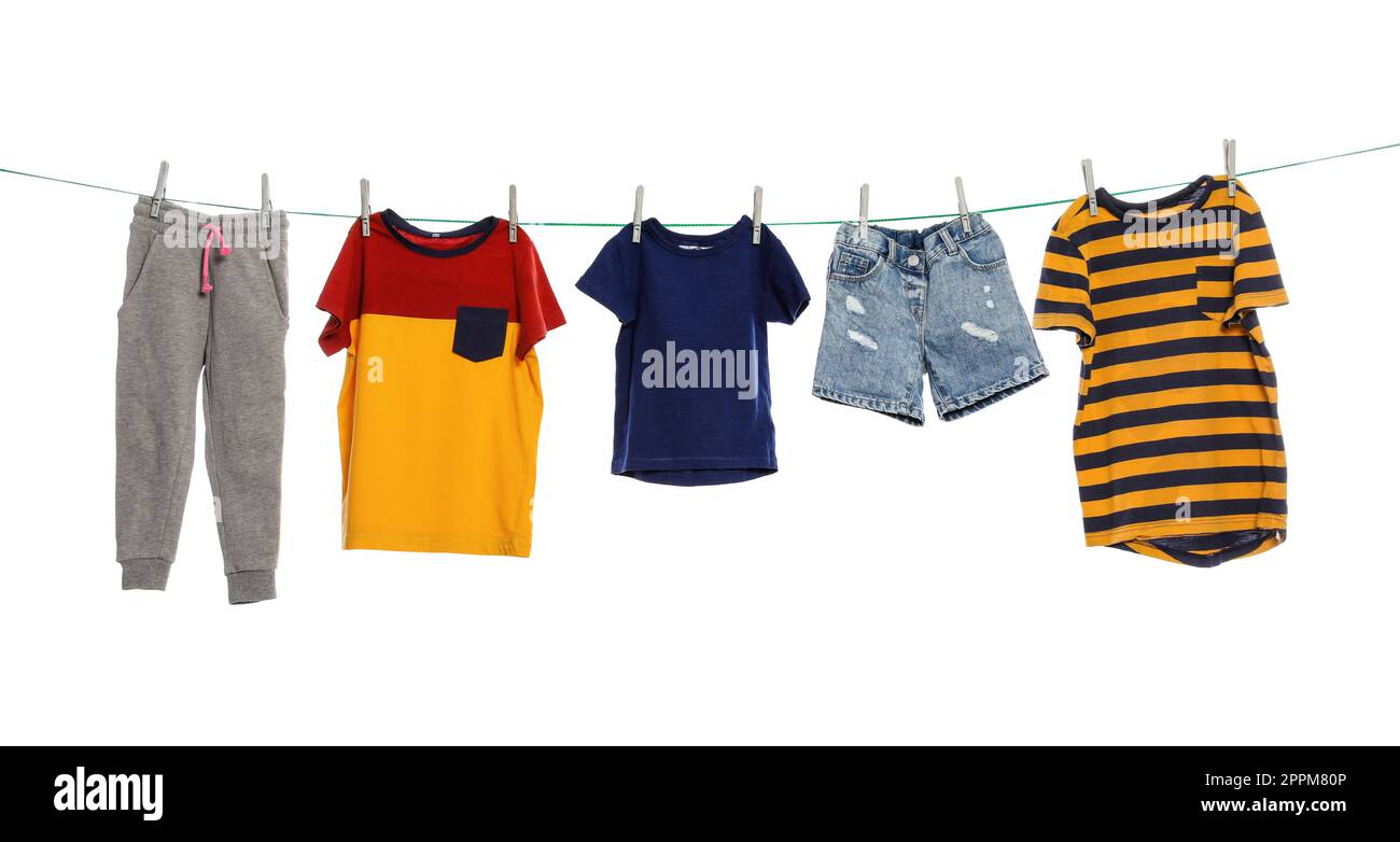 Different clothes drying on washing line against white background Stock ...