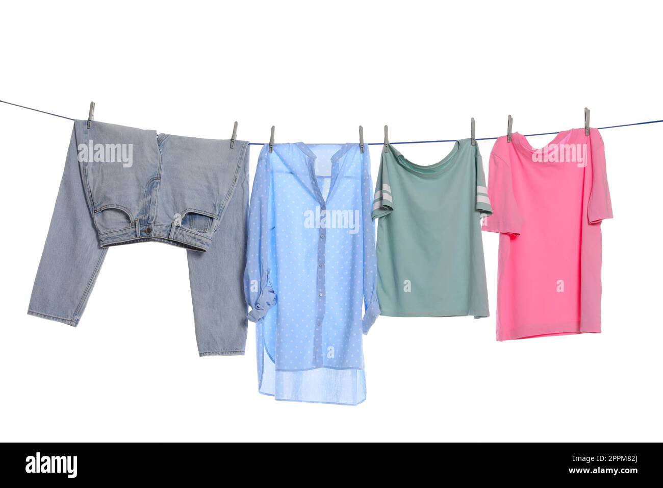 Different clothes drying on washing line against white background Stock ...