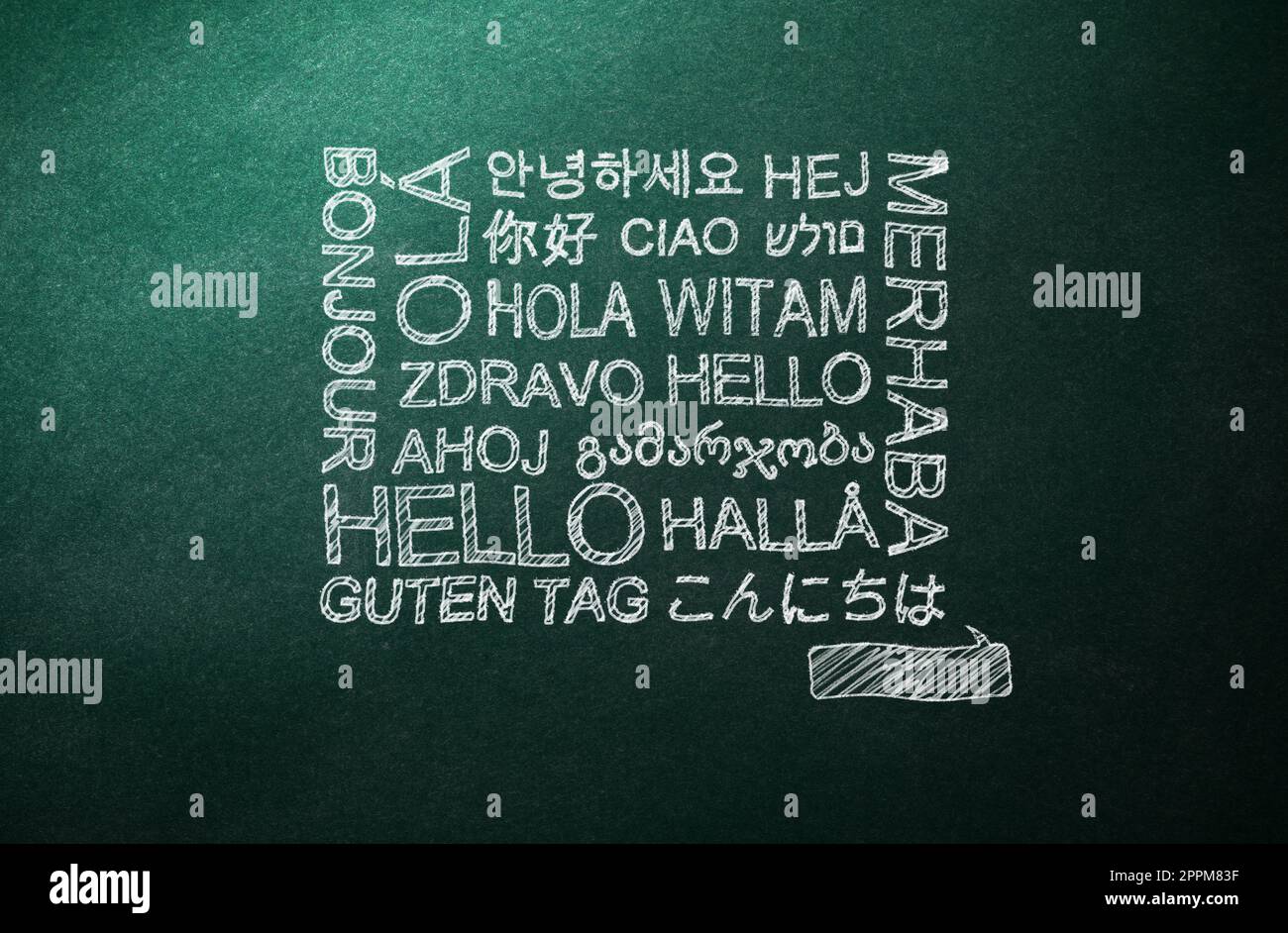 Greeting words in different foreign languages written on green ...