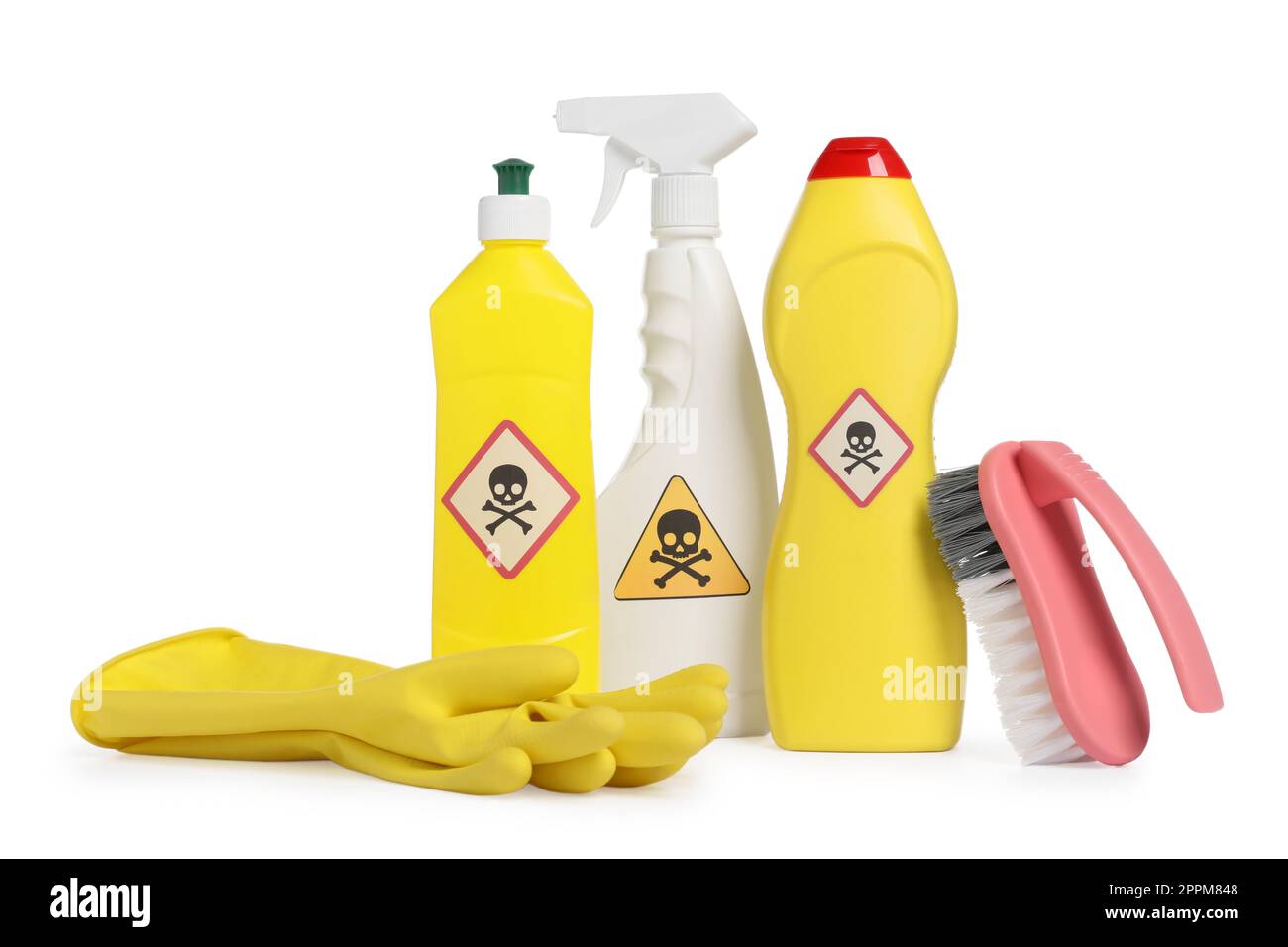 Bottles of toxic household chemicals with warning signs, gloves and ...