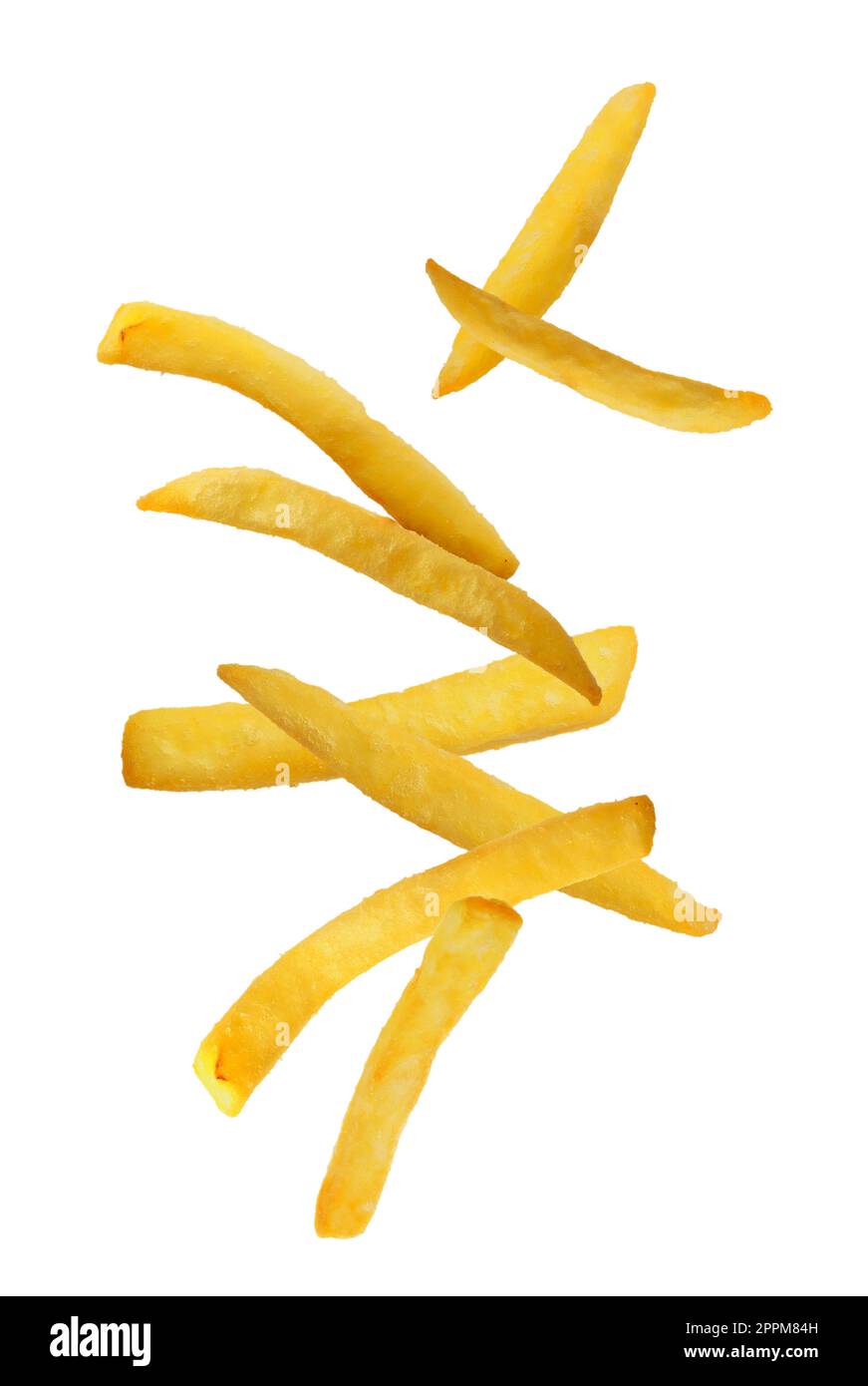 Tasty french fries falling on white background Stock Photo - Alamy