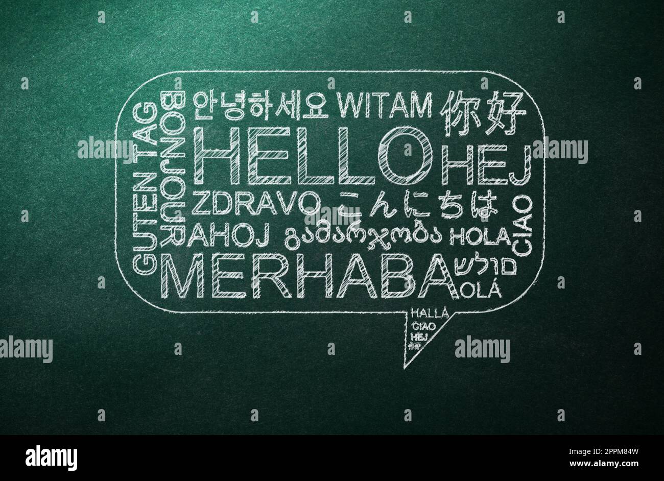 Greeting Words In Different Foreign Languages Written On Green