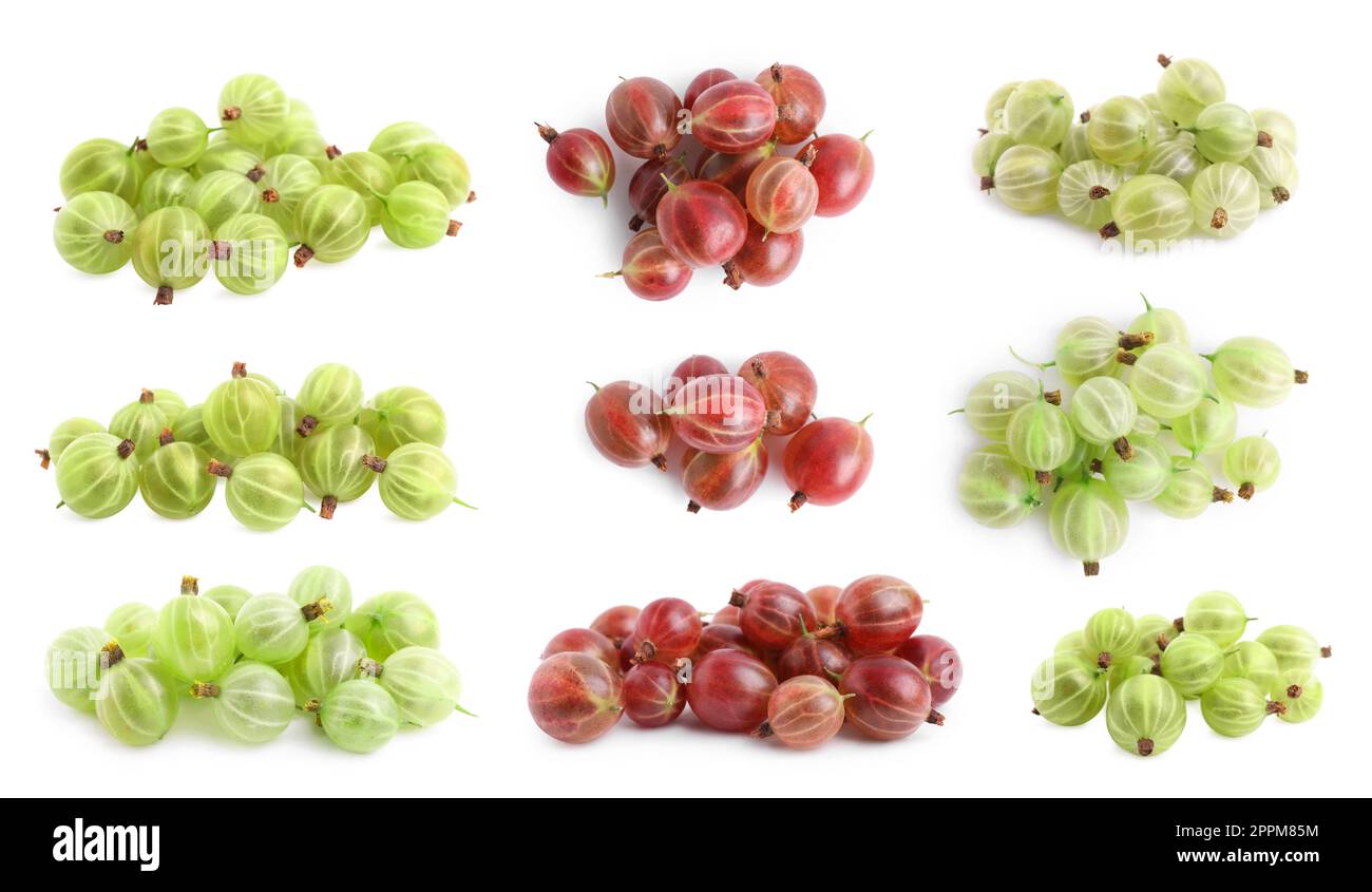 Set with fresh ripe gooseberries on white background Stock Photo - Alamy