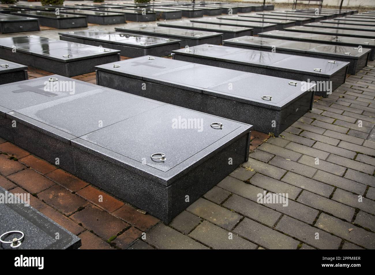 Detail of modern tombs in a Catholic cemetery in a city in Spain Stock ...