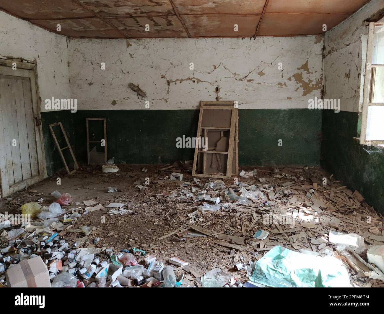 Serbia, Belgrade, May 10, 2020. Inside abandoned house. Grunge scene ...
