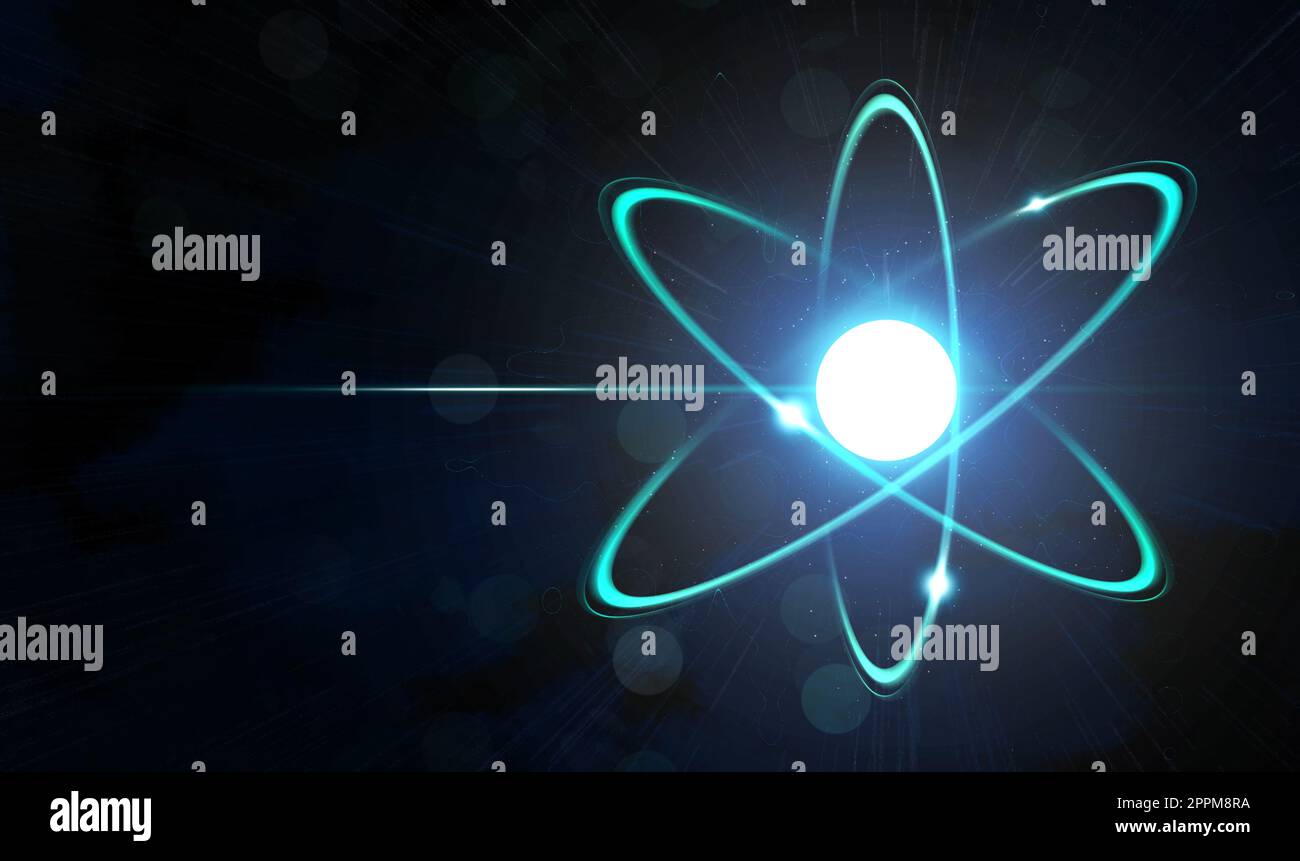 Virtual model of atom on dark background. Illustration Stock Photo - Alamy