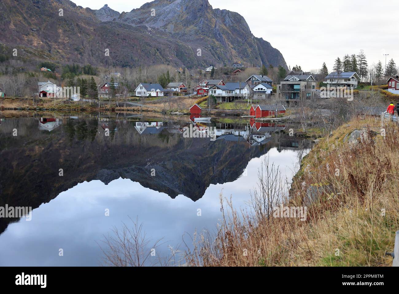 Lake Reflection Norway Village Typical Norway Fjord With Red Wooden