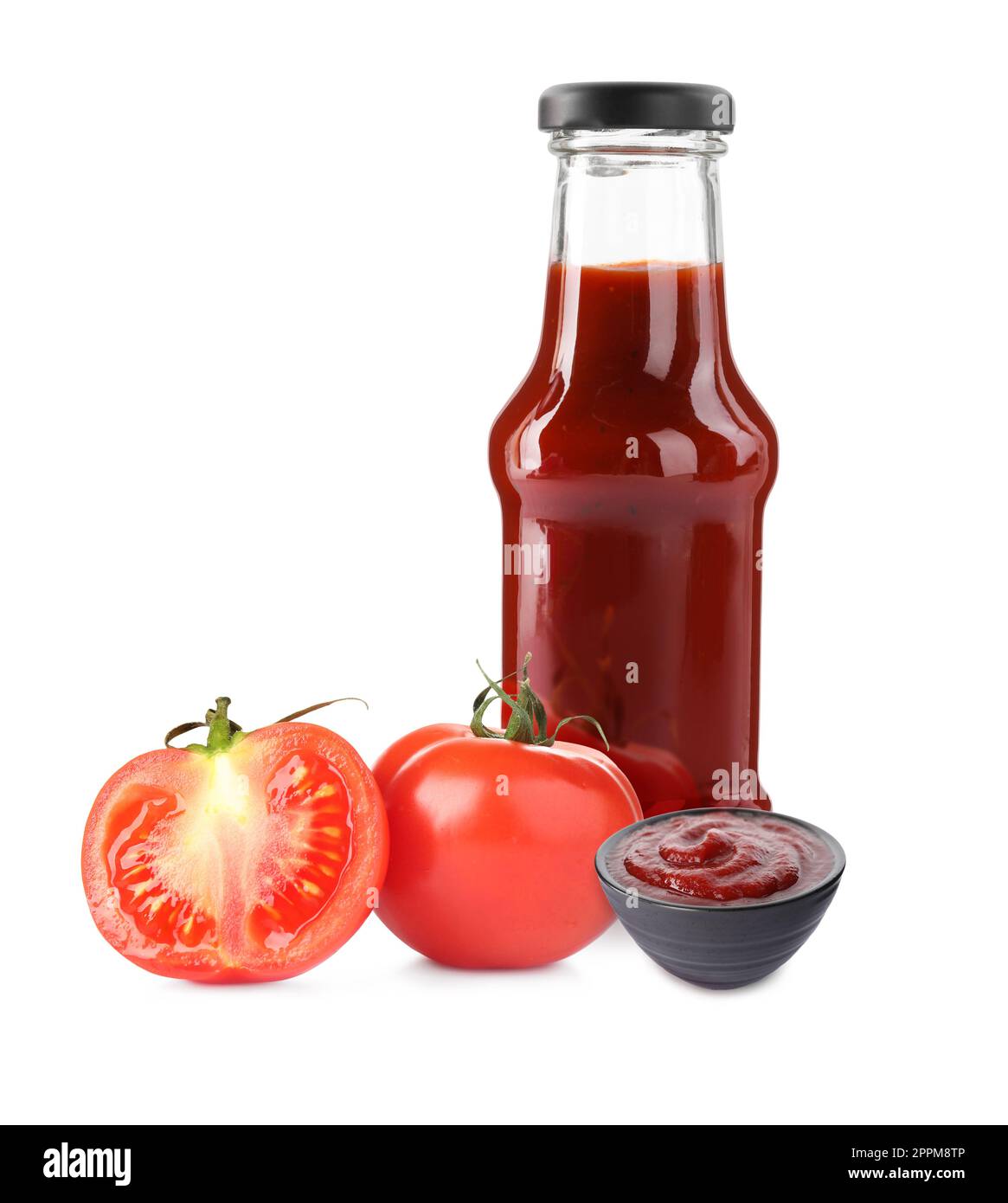 Tasty ketchup and fresh ripe tomatoes on white background Stock Photo ...