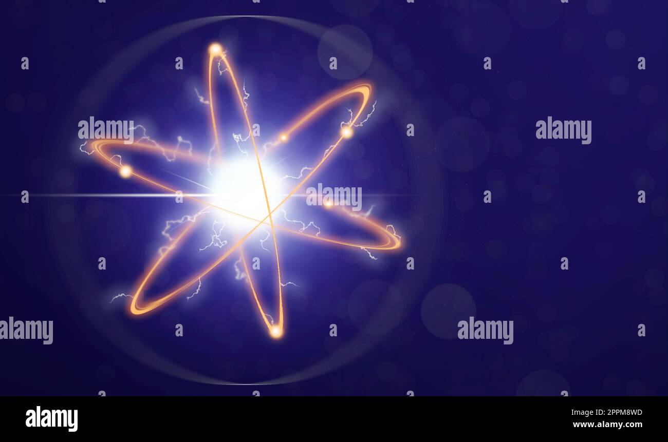 Virtual model of atom on blue background. Illustration Stock Photo - Alamy