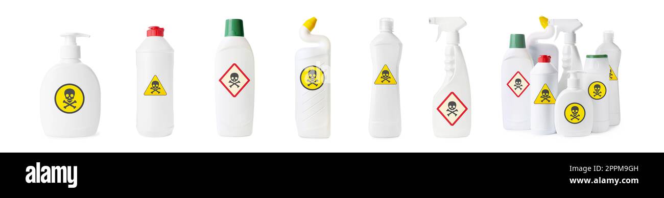 Set with different toxic household chemicals with warning signs on ...