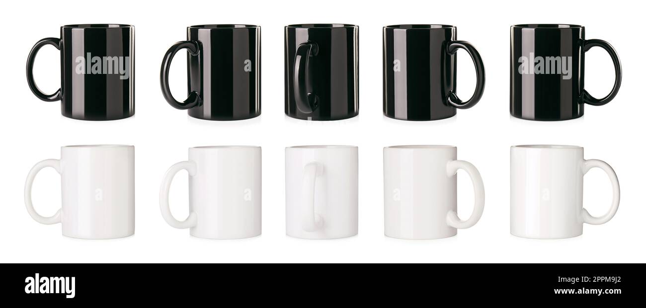 Set with different ceramic mugs on white background. Banner design ...