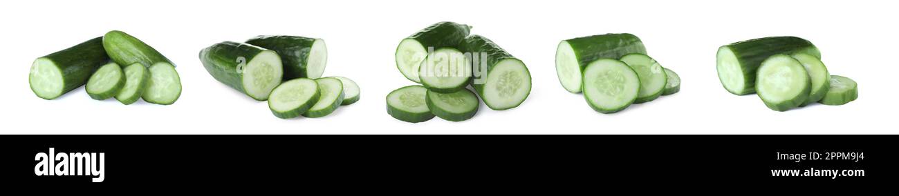 Set with cut ripe cucumbers on white background. Banner design Stock ...