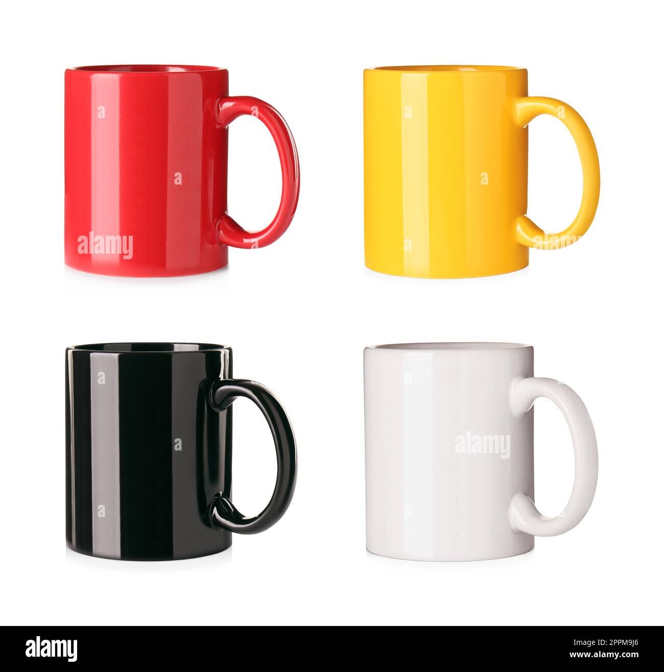 Set with different ceramic mugs on white background Stock Photo - Alamy