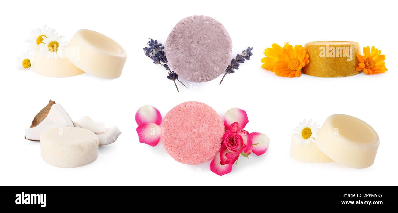 Set with solid shampoo bars on white background, banner design. Hair ...