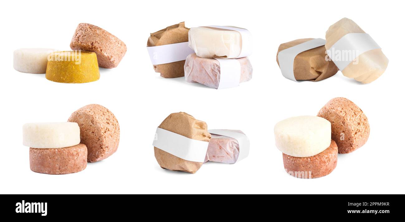 Set with solid shampoo bars on white background, banner design. Hair ...