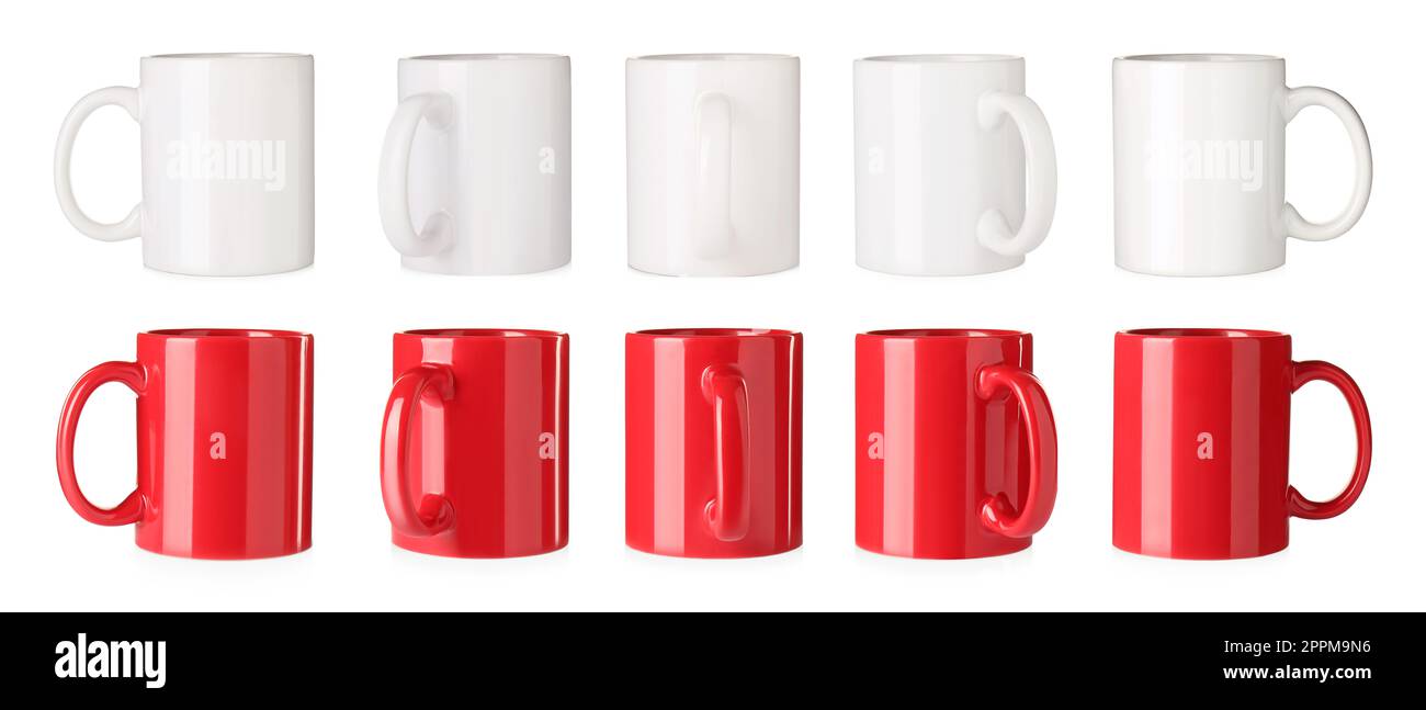 Set with different ceramic mugs on white background. Banner design ...