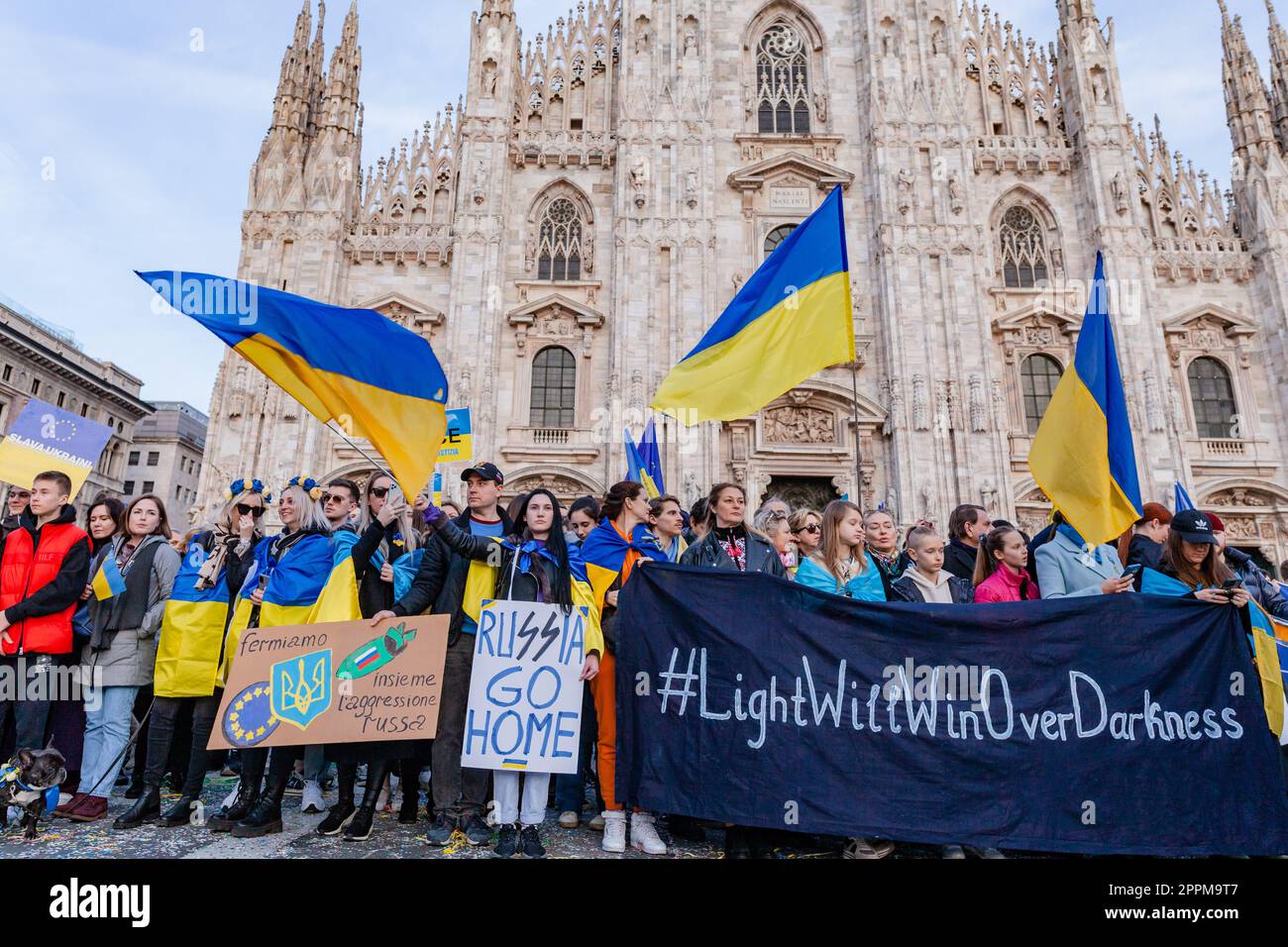 MILAN, ITALY - FEBRUARY 25, 2023: One year after Russia-Ukraine war ...
