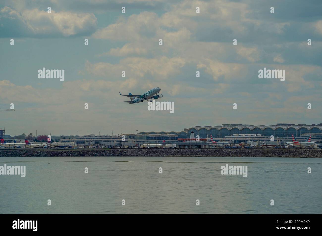 WASHINGTON DC, USA - MARCH 29 2023 an airplane jet is taking off from ...