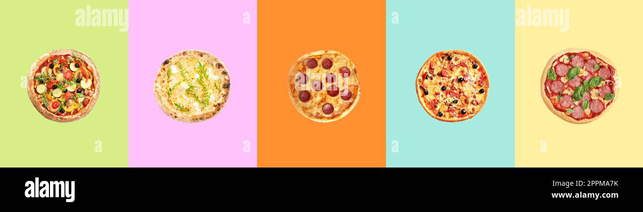 Set of delicious pizzas on different color backgrounds, top view ...