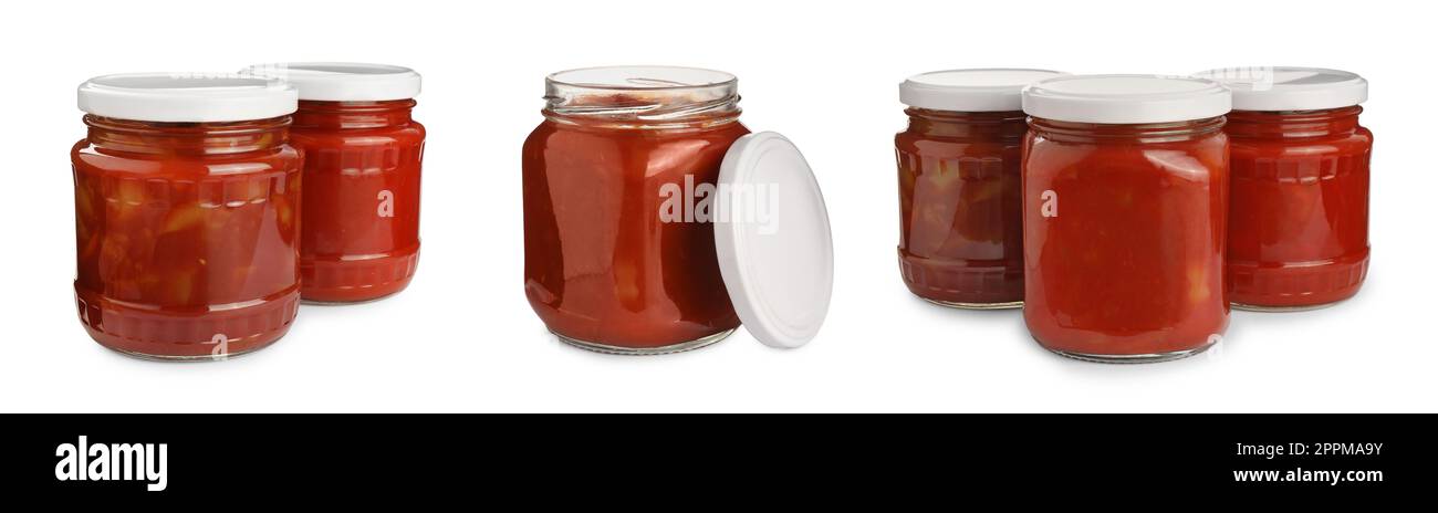 Set with delicious canned lecho on white background. Banner design ...