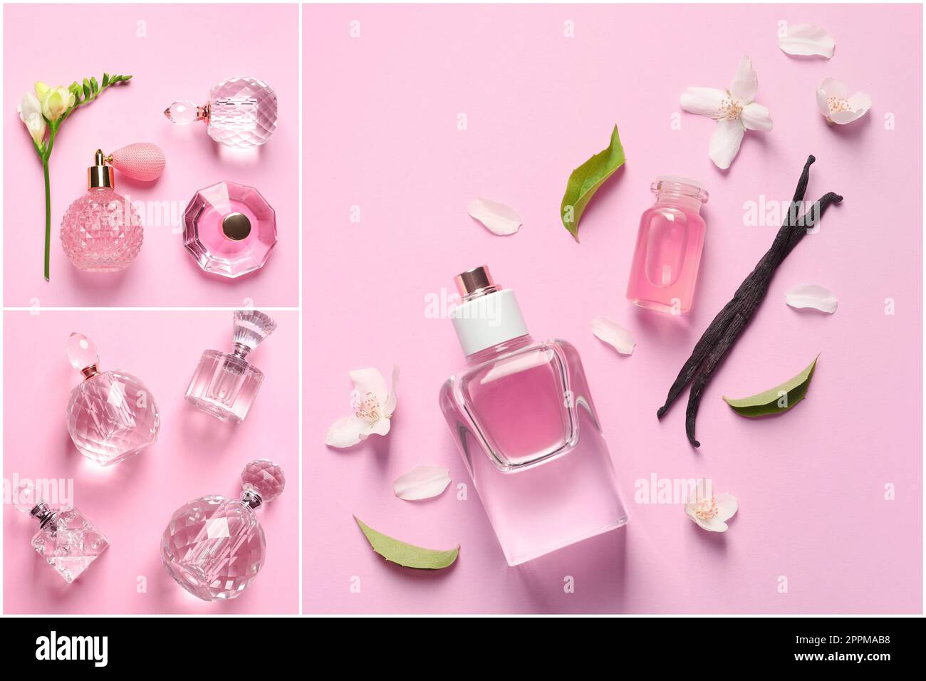 Beautiful collage with photos of luxury perfume and ingredients ...