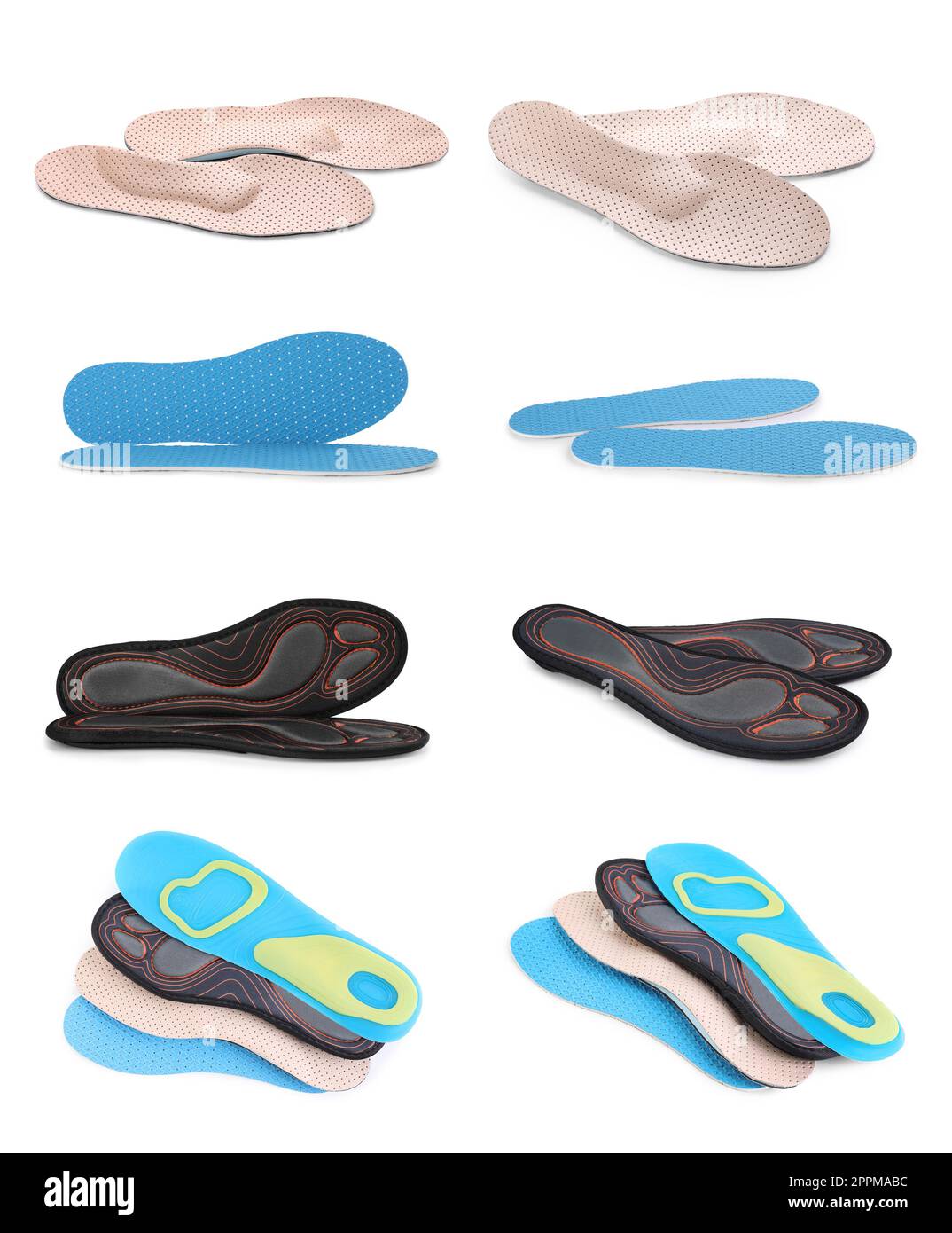 Set with different orthopedic insoles on white background Stock Photo ...