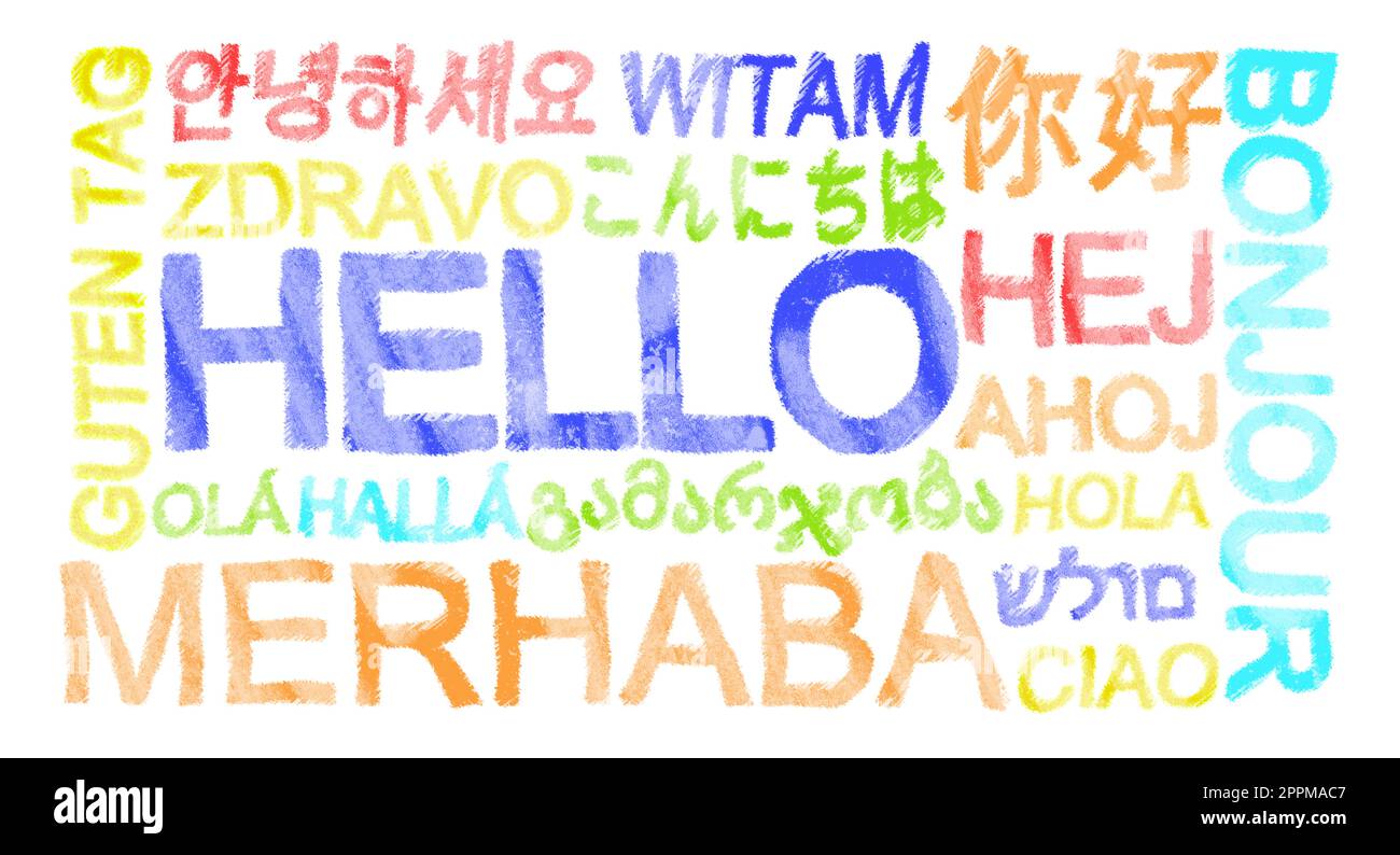 Greeting words in different foreign languages on white background Stock ...