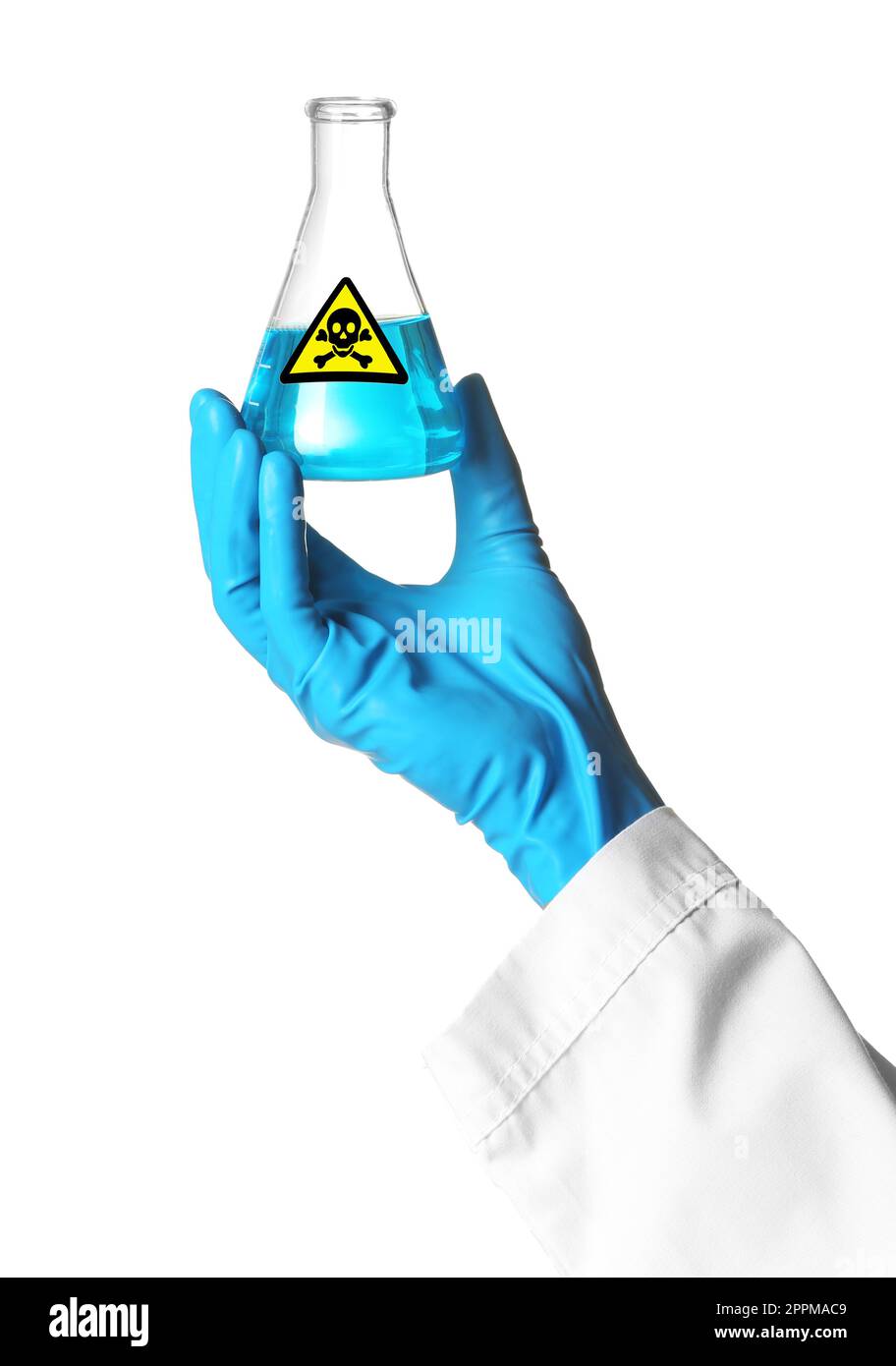 Scientist in gloves holding glass bottle with blue toxic sample and ...