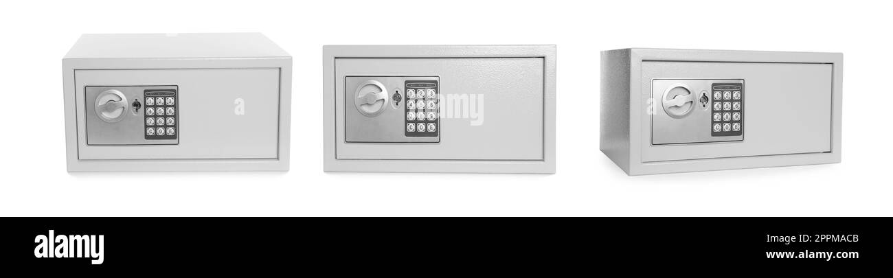 Set of steel safes with electronic lock on white background. Banner ...