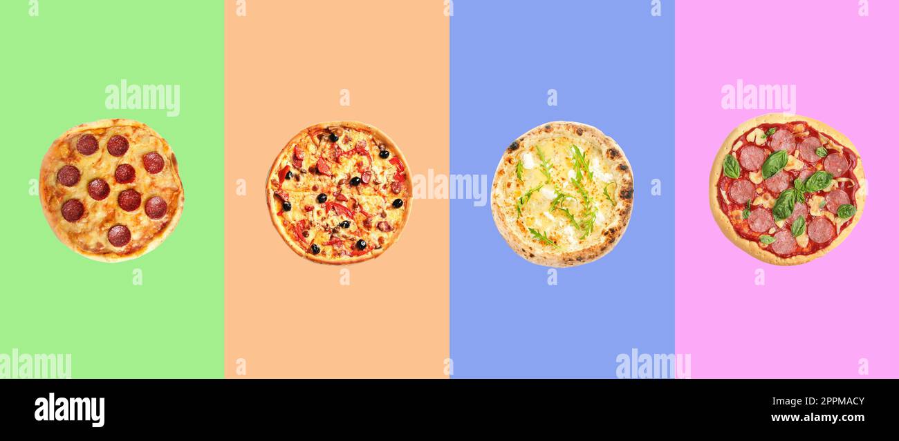 Set of delicious pizzas on different color backgrounds, top view ...