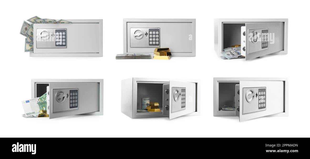 Set of steel safes with electronic lock on white background. Banner ...