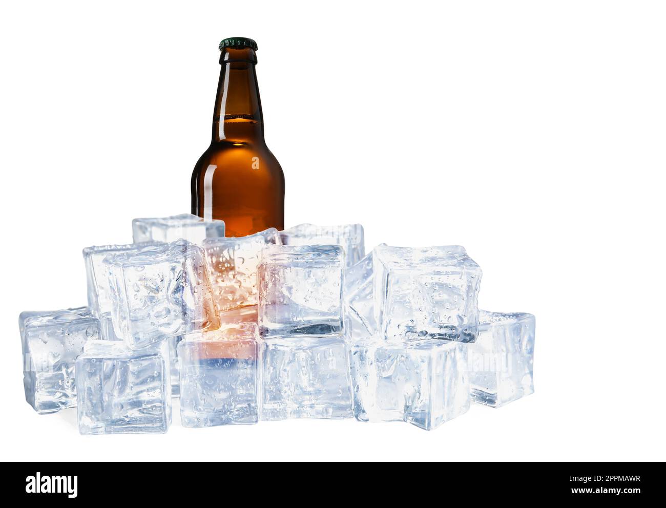 Bottle of beer and ice cubes isolated on white Stock Photo - Alamy
