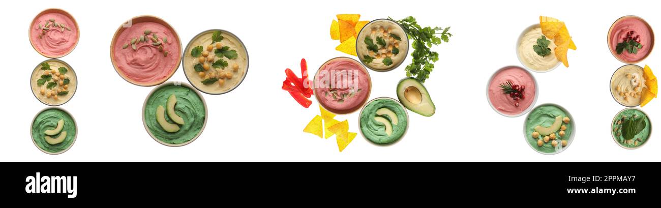Different kinds of tasty hummuses on white background, top view. Banner ...