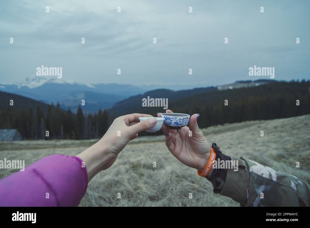 Close up female travelers clinking tea cups concept photo Stock Photo ...