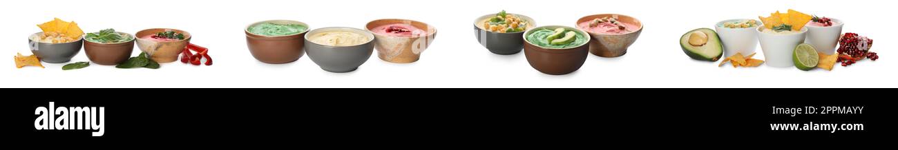 Different kinds of tasty hummuses on white background. Banner design ...