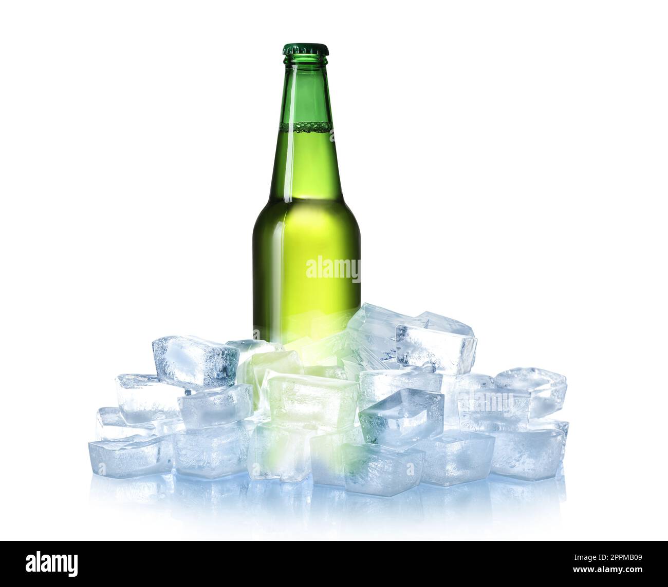 Bottle of beer and ice cubes isolated on white Stock Photo - Alamy
