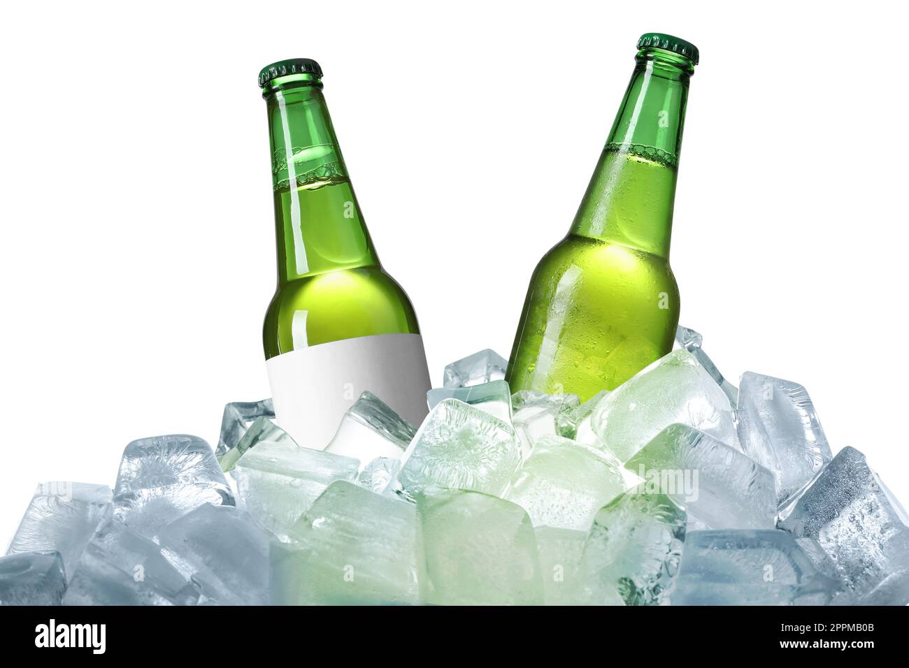 Bottles of beer on ice cubes against white background Stock Photo - Alamy