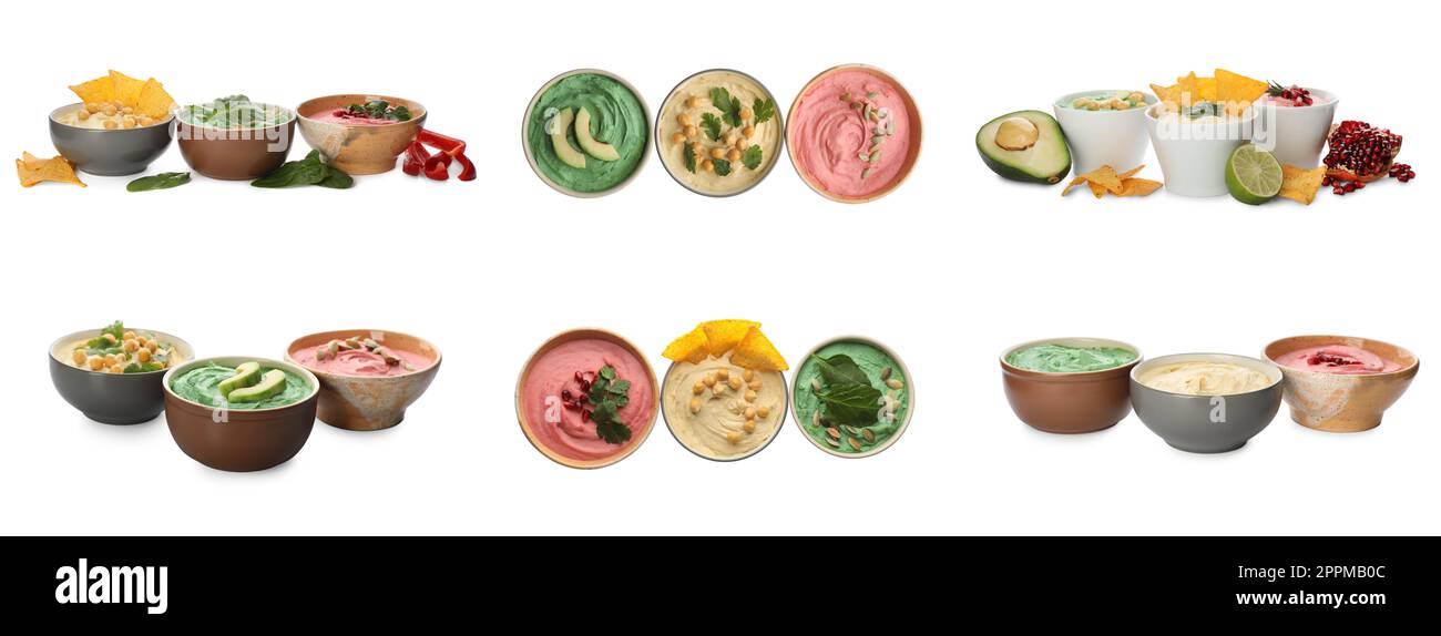 Different kinds of tasty hummuses on white background. Banner design ...
