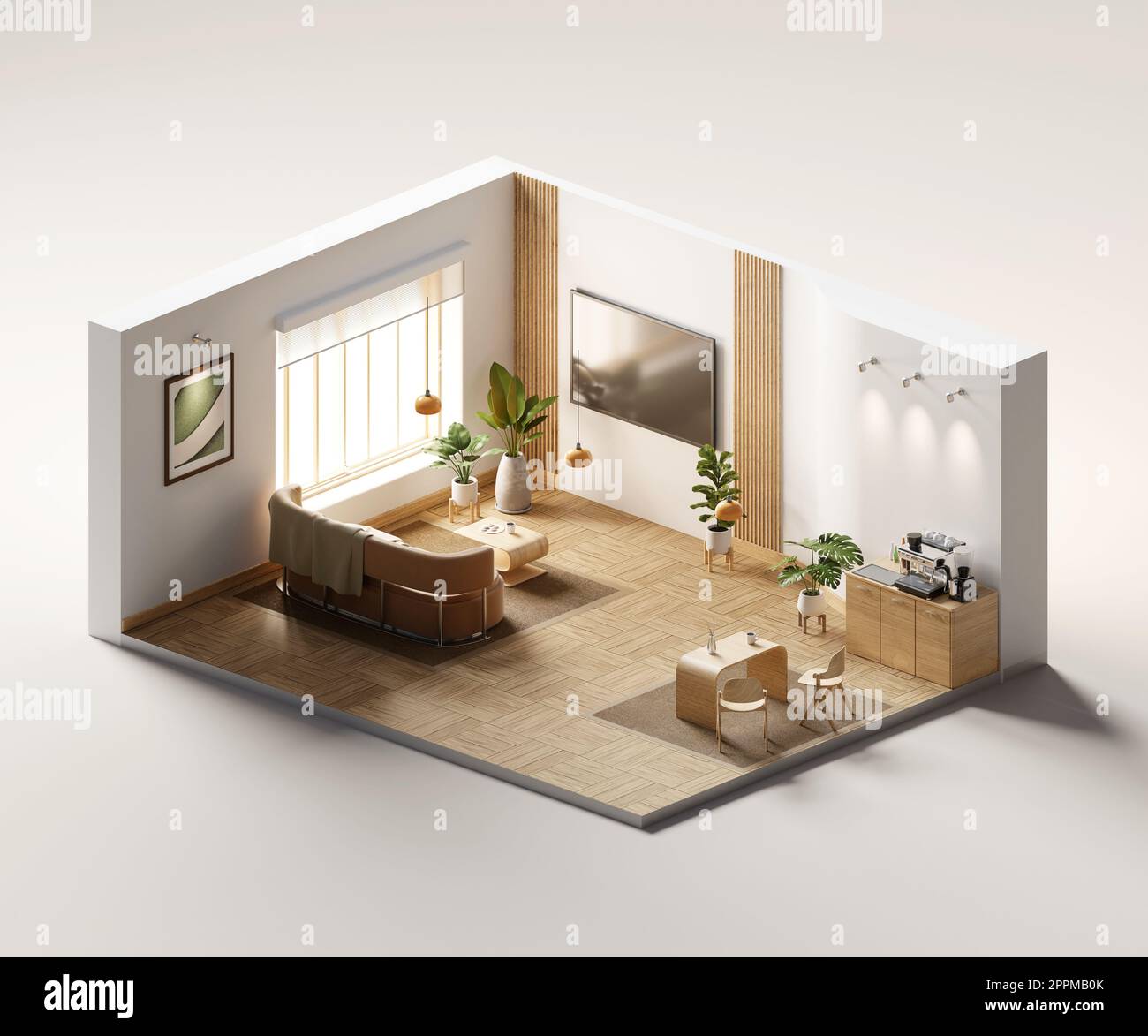 Isometric view living room muji style open inside interior architecture ...