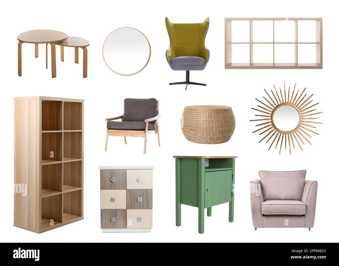Collection of different stylish furniture on white background Stock ...