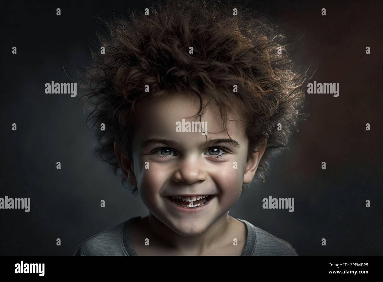 A cheerful teenage boy smiles looking at the camera, his messy hair a ...