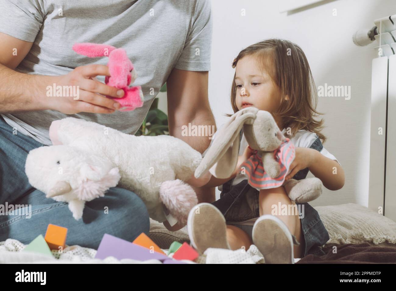 Dad and little girl 2-4 play with soft toys, sitting on floor at home ...