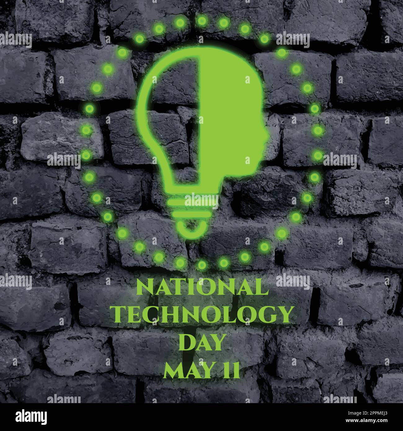 National technology day. Green light bulb on brick wall background ...
