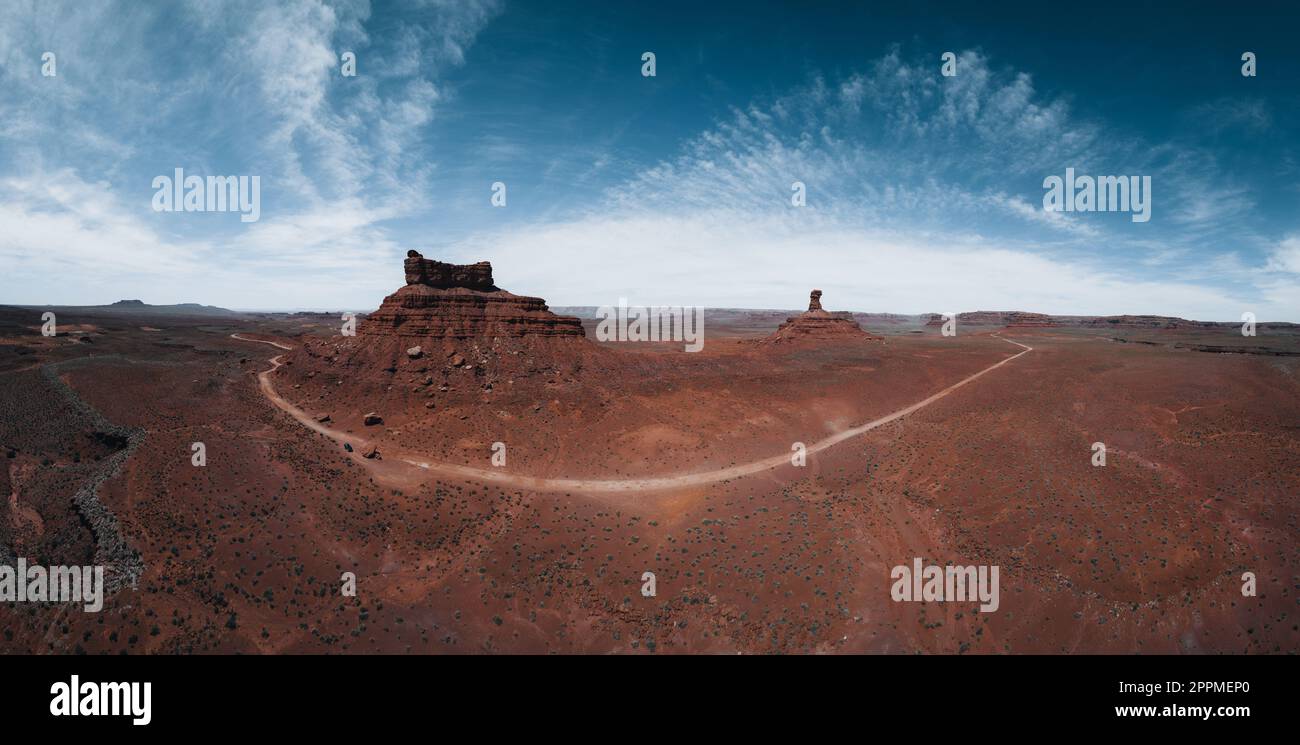 Valley of the Gods and Monument valley at sunset, Utah, USA. Aerial ...